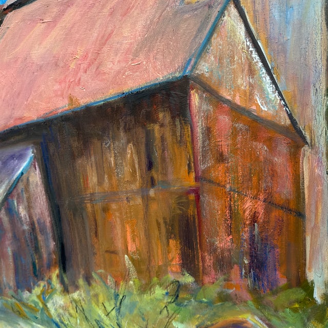 Circa 1998 Bonnie Mager Rural Farmland Red Barn Painting | Chairish