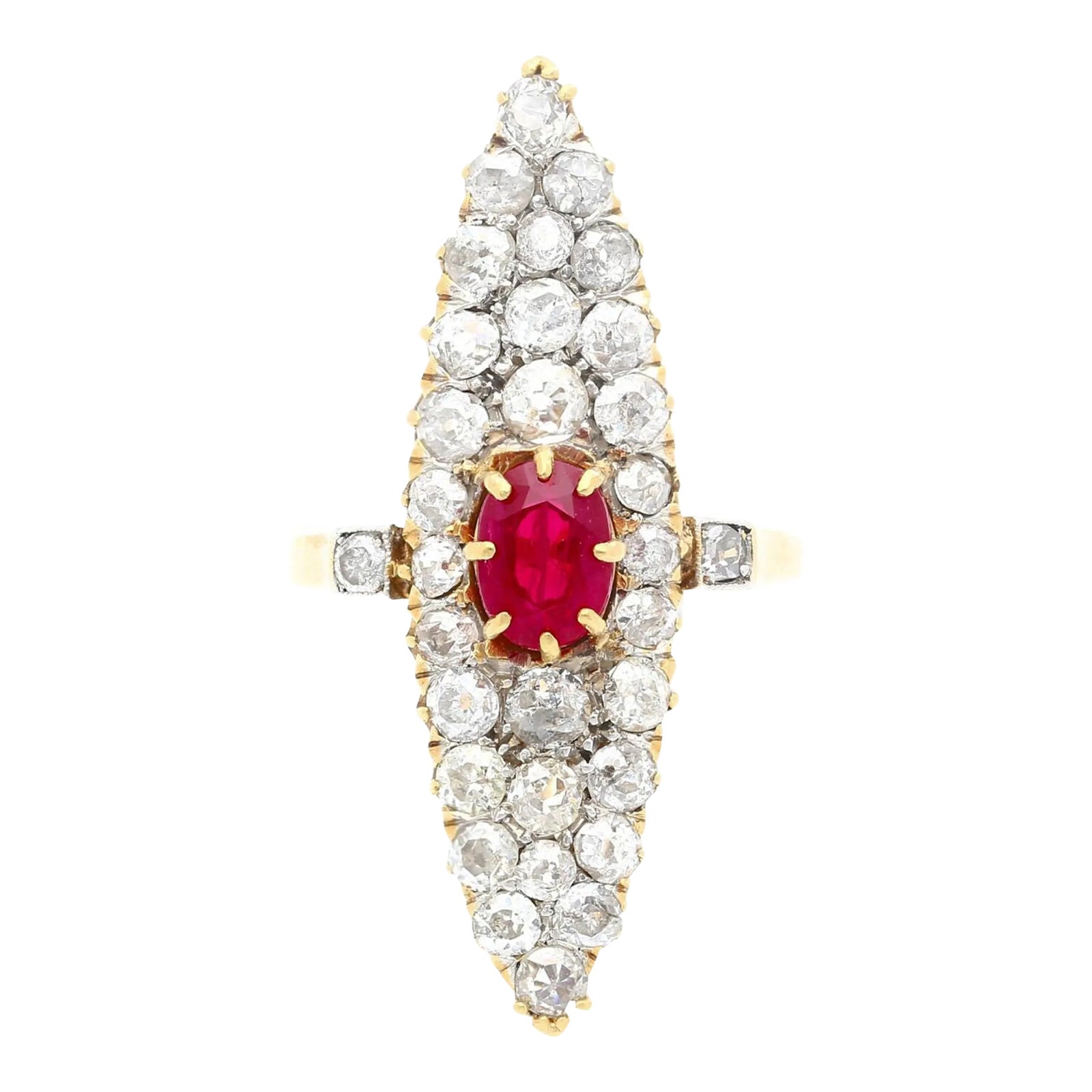 Vintage 14K Gold Old Mine Cut Ruby and Diamond Long Vertical Ring, Size ...