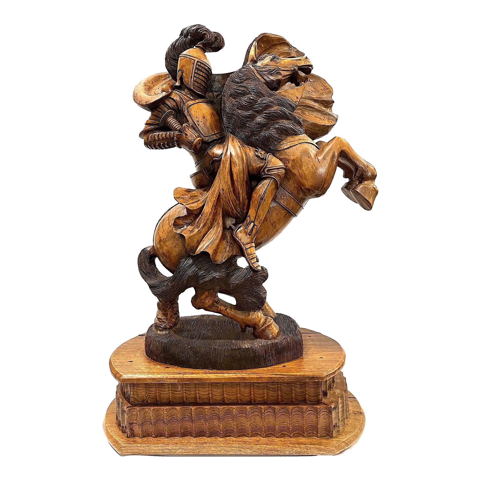 Antique Monumental Knight on Steed Hand-Carved Wood Statue | Chairish