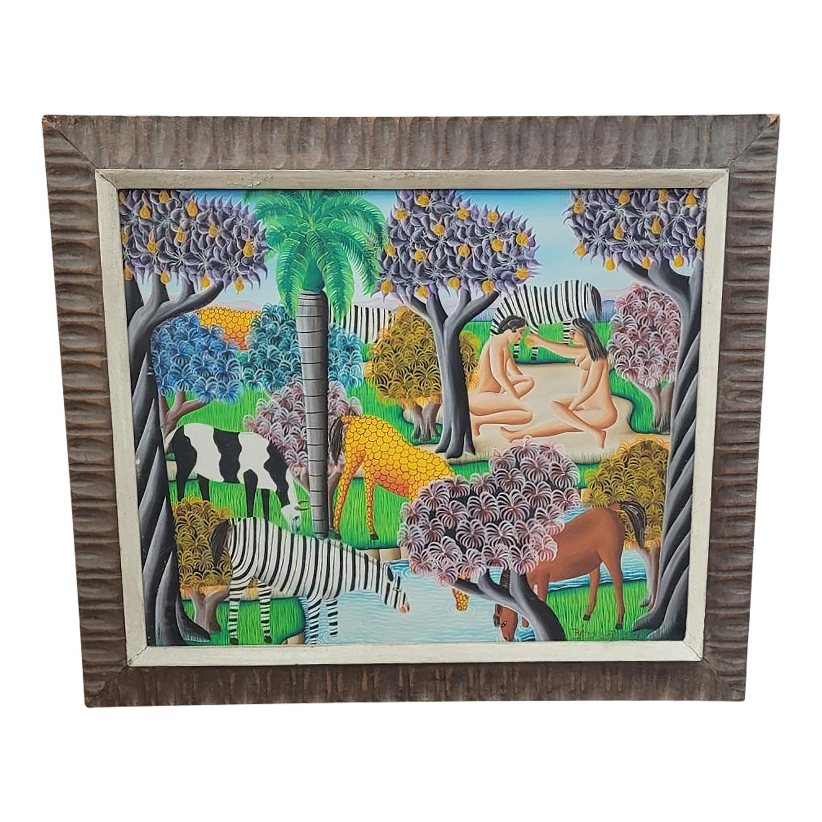 Vintage Signed Hatian Painting of Adam & Eve | Chairish