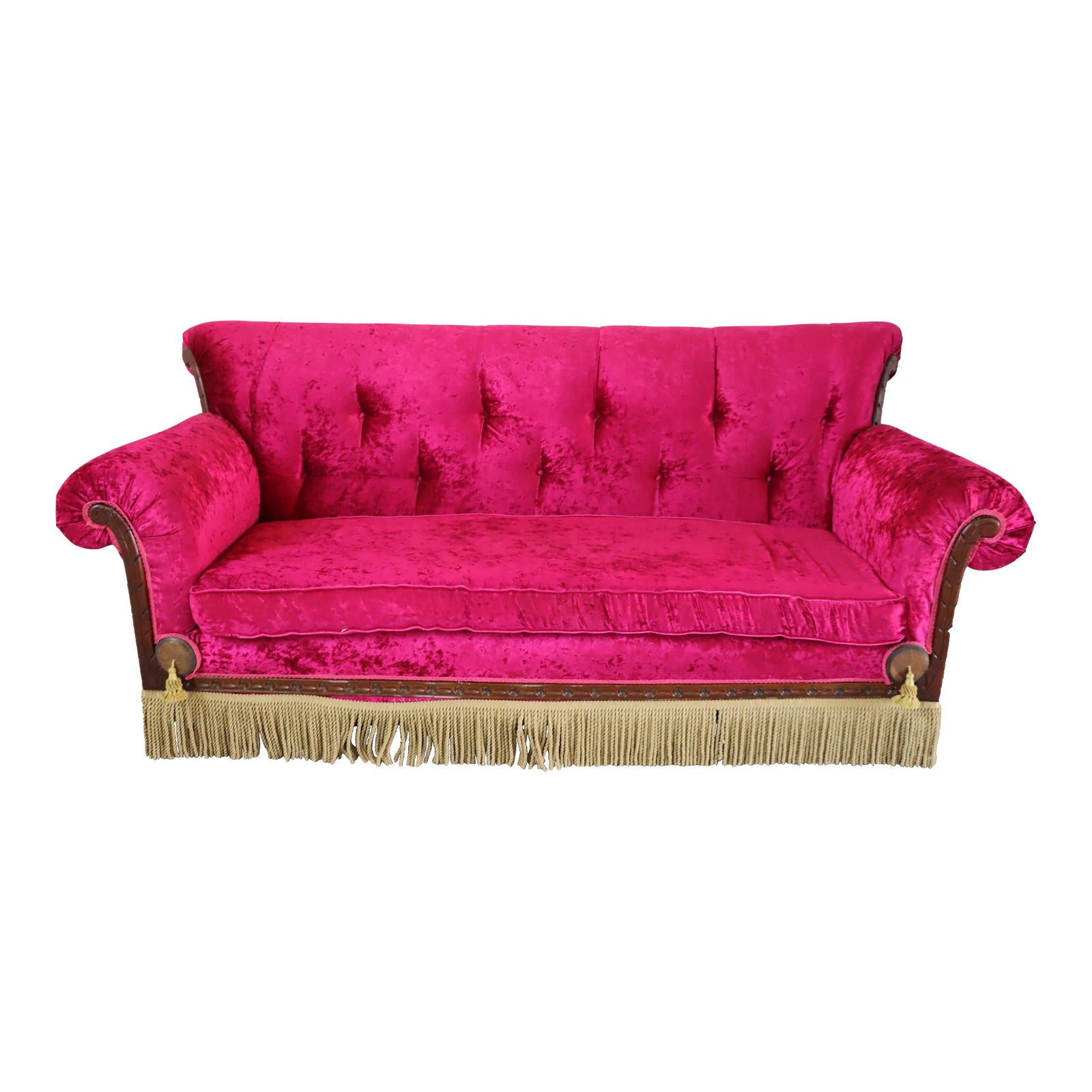 Hollywood Regency Fuchsia & Tassel Sofa | Chairish