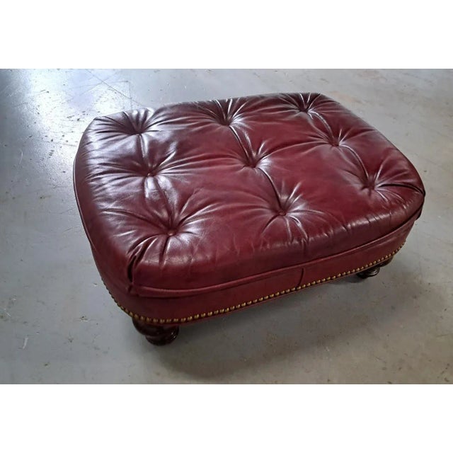 Vintage 2000s Burgundy Tufted Leather Nailhead Ottoman Footstool | Chairish