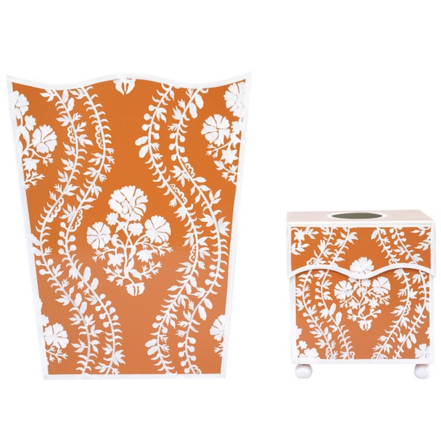 Burnt Orange Floral Trellis Tole Waste Basket & Tissue Box Set | Chairish