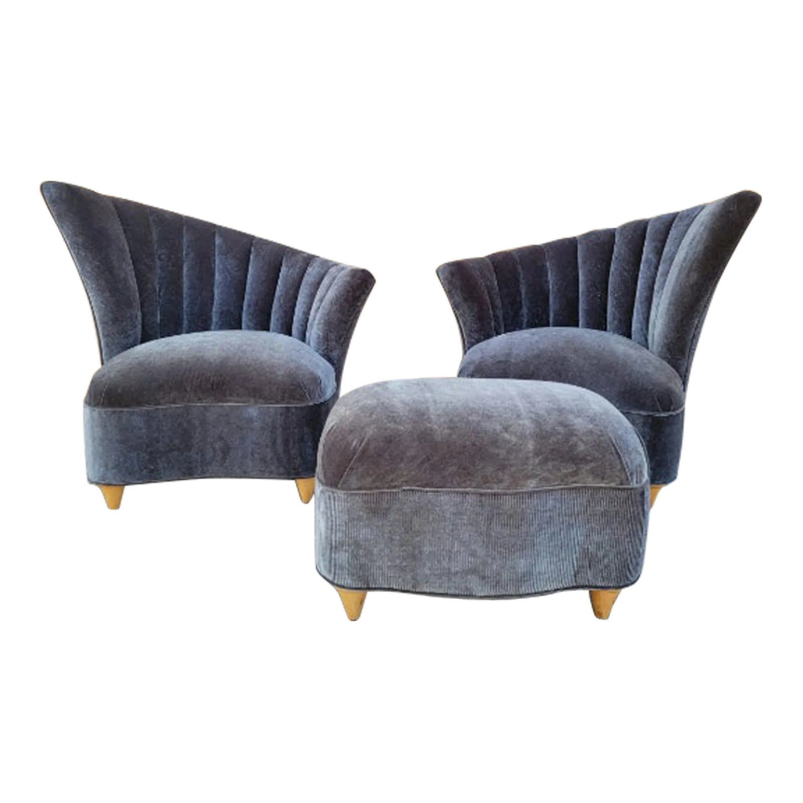 Art Deco Asymmetrical Channel Fan Back Lounge Chairs and Ottoman Newly ...