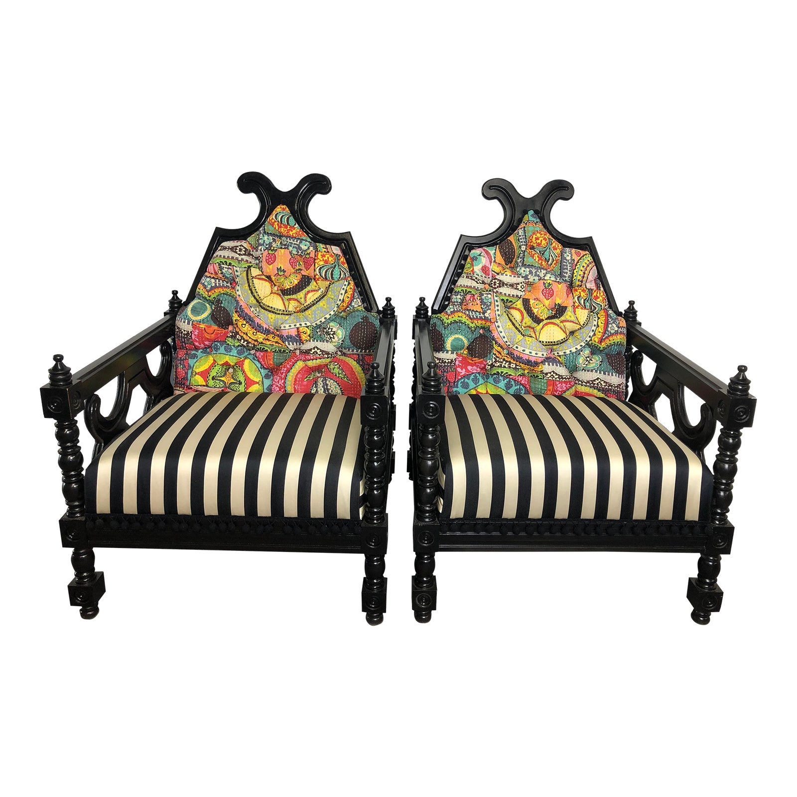 Pair of Vintage Kantha Chairs With Satin Awning Stripe Cushions | Chairish