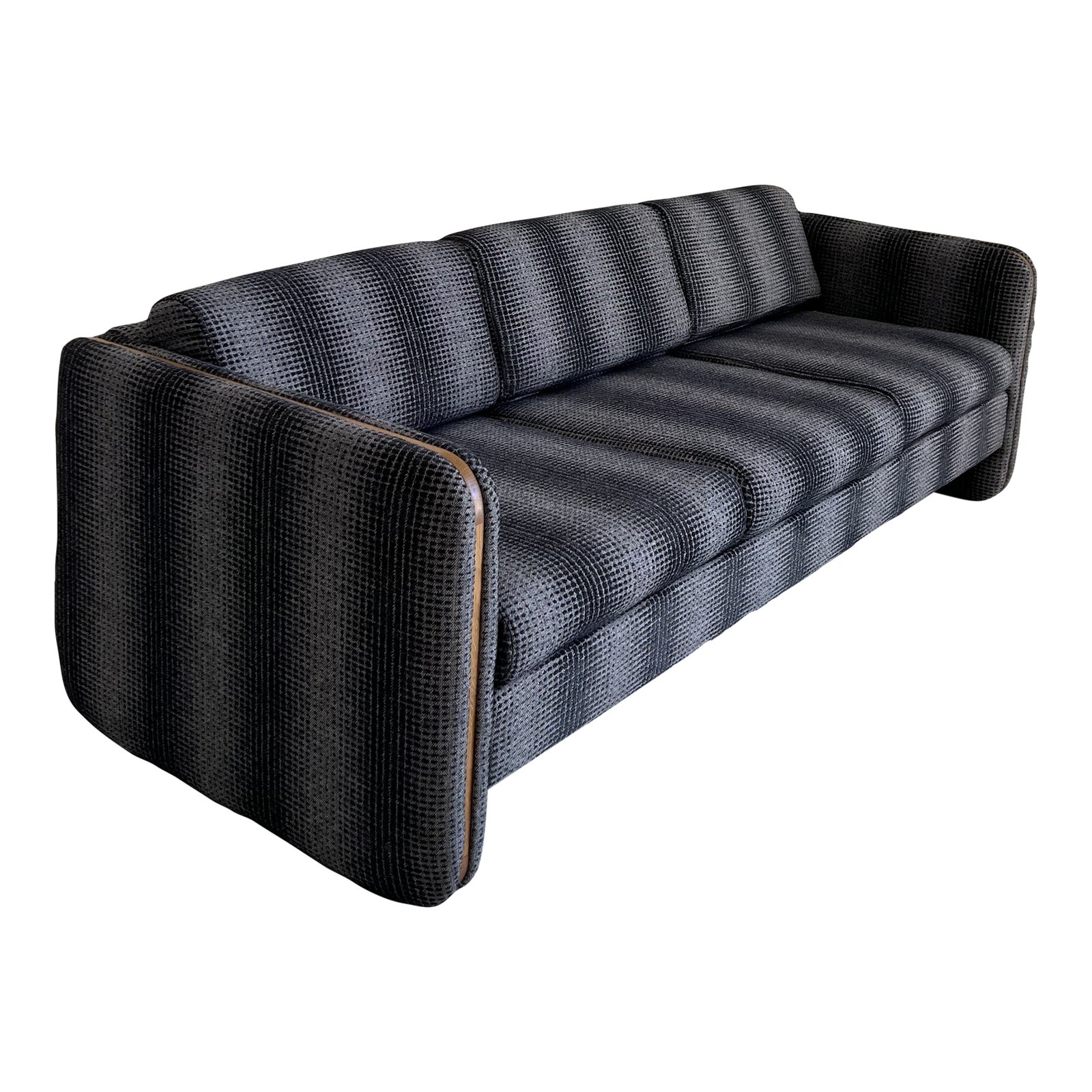 Newly Upholstered Vintage Chiclet Style Sofa With Wood Trim | Chairish