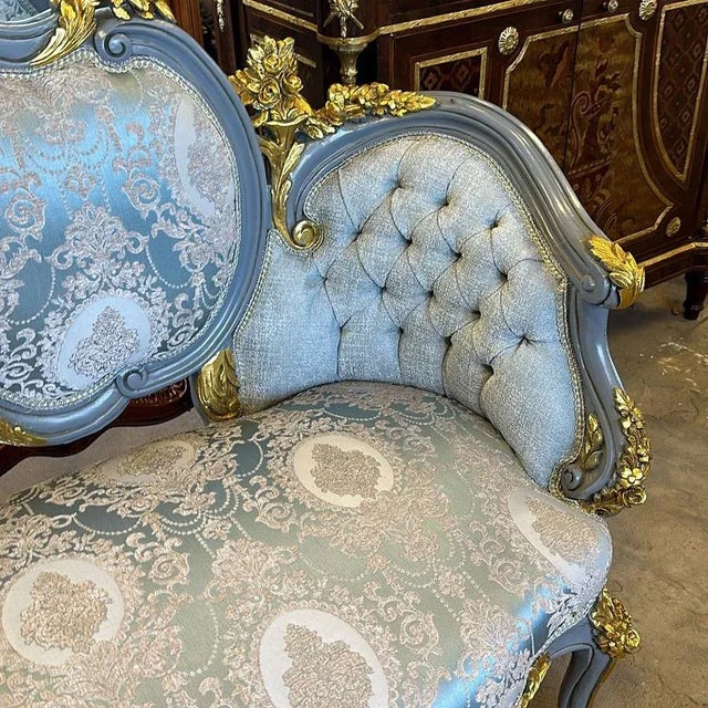 French Rococo Style Tufted Sky Blue Settee | Chairish
