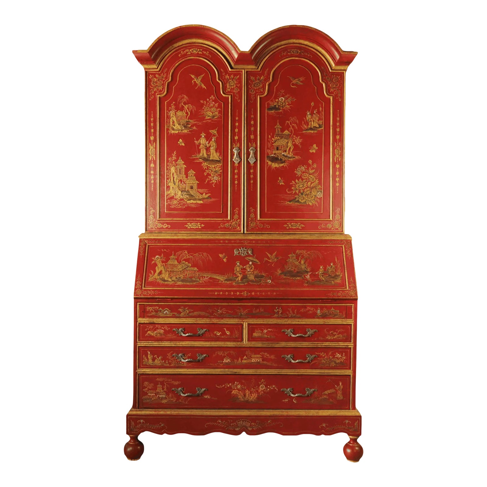 Vintage 20th Century Chinoiserie Red Hand Painted Secretary Cabinet ...