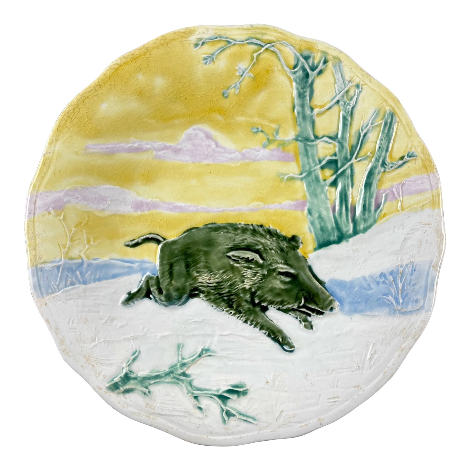 19th Century German Majolica Wild Boar Wall Plate | Chairish