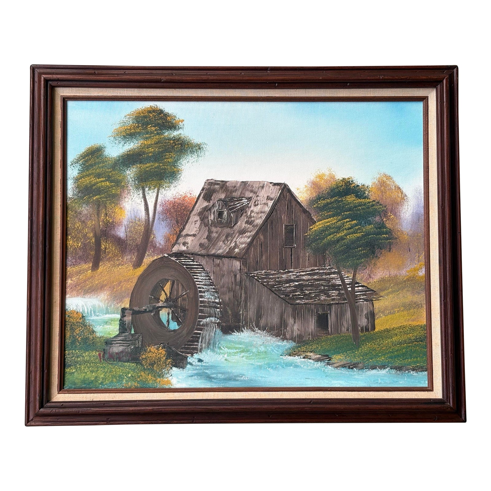 Vintage Signed Rustic Water Mill Landscape Oil Painting in Wood Frame ...
