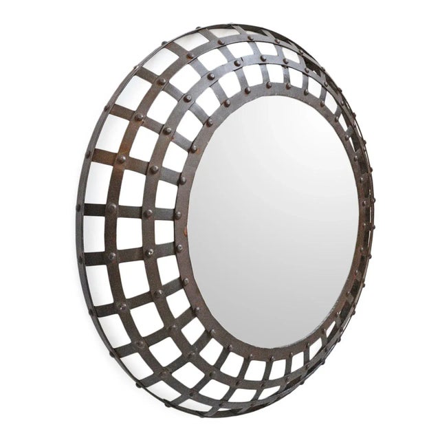 Contemporary Industrial Round Iron Cage Mirror | Chairish