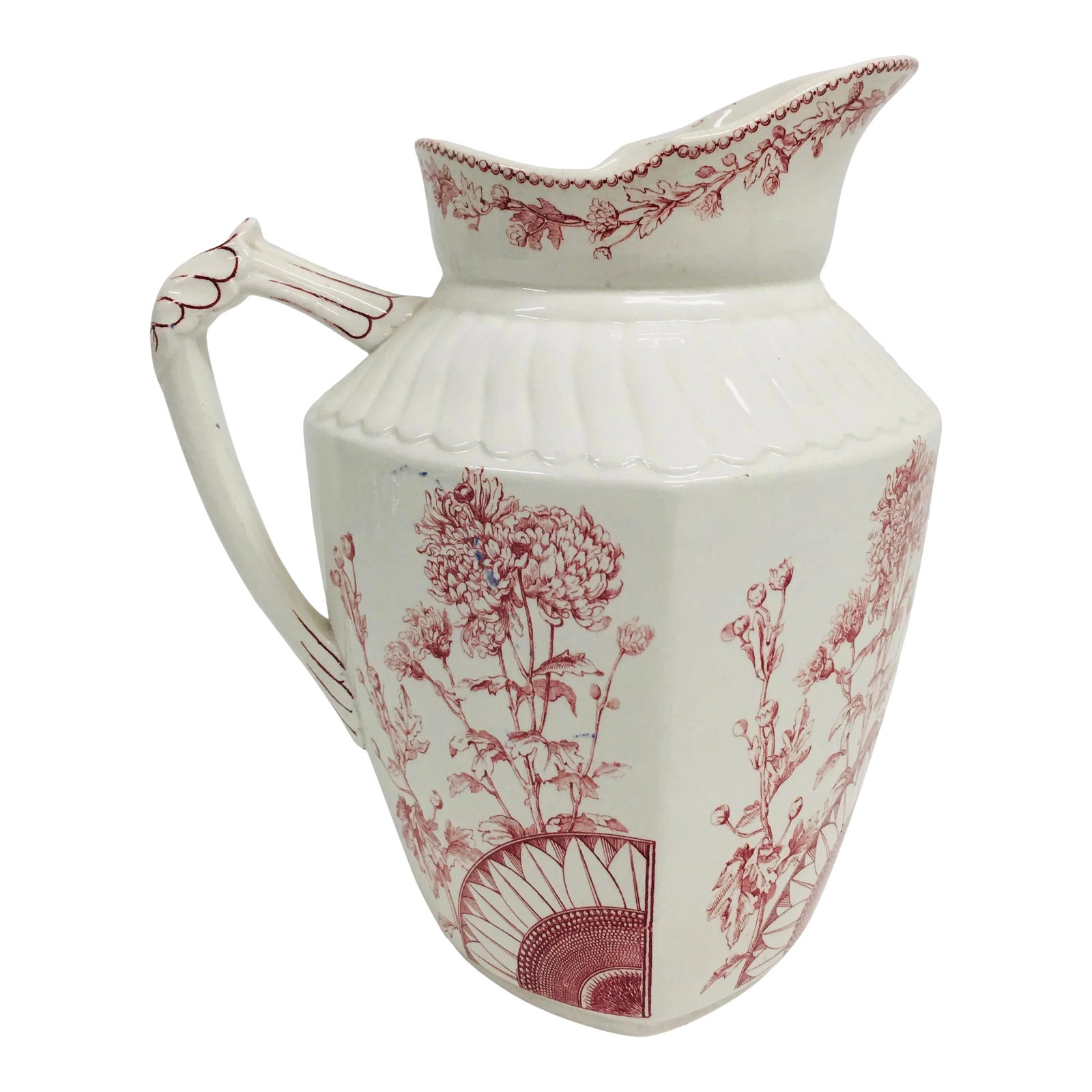 Antique Large English Crimson Transferware Pitcher | Chairish