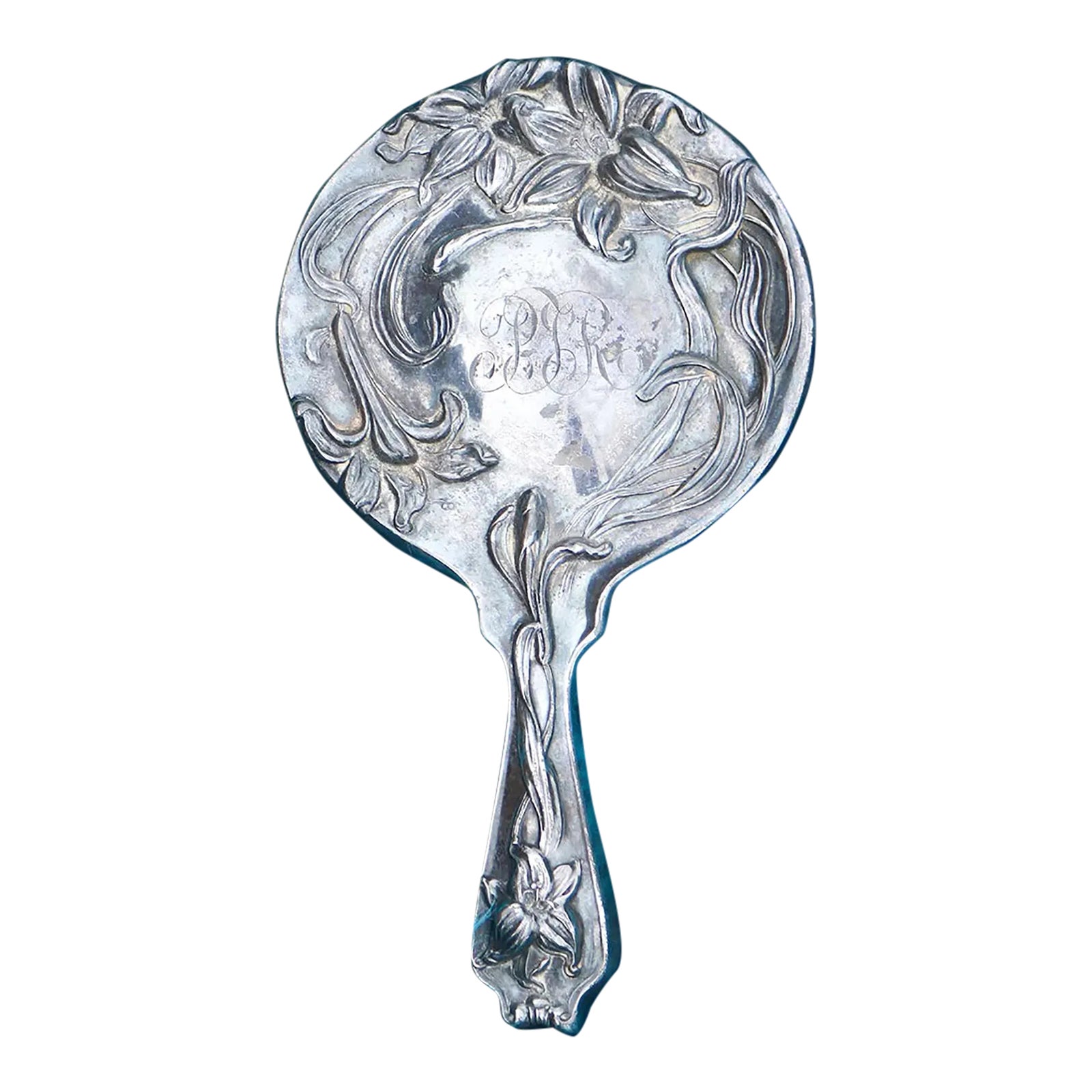 1900's Art Nouveau Silver Plated Repousse Hand Mirror | Chairish