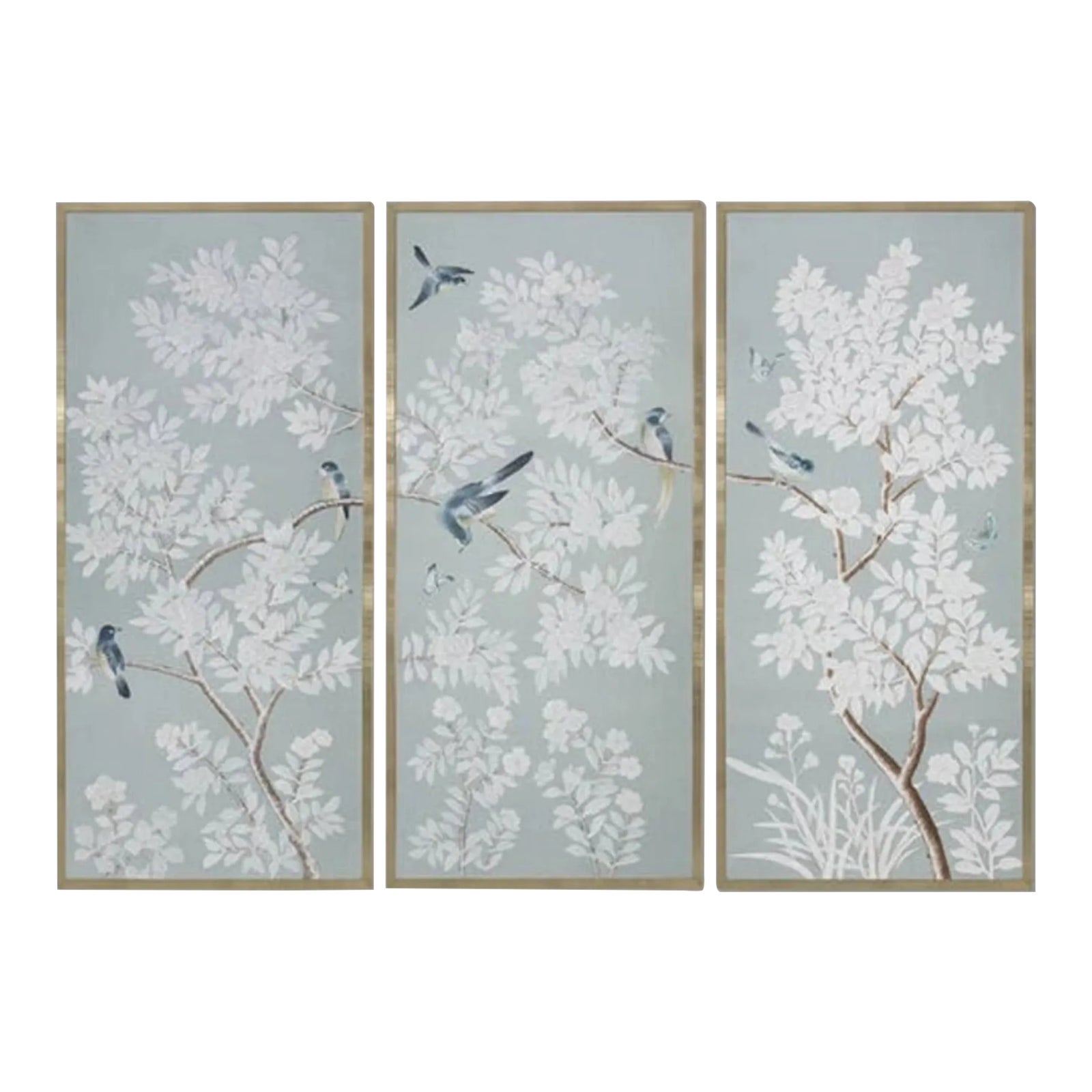 Chinoiserie Hand Painted Unframed Wallpaper Panels on Blue Silk - 3 ...
