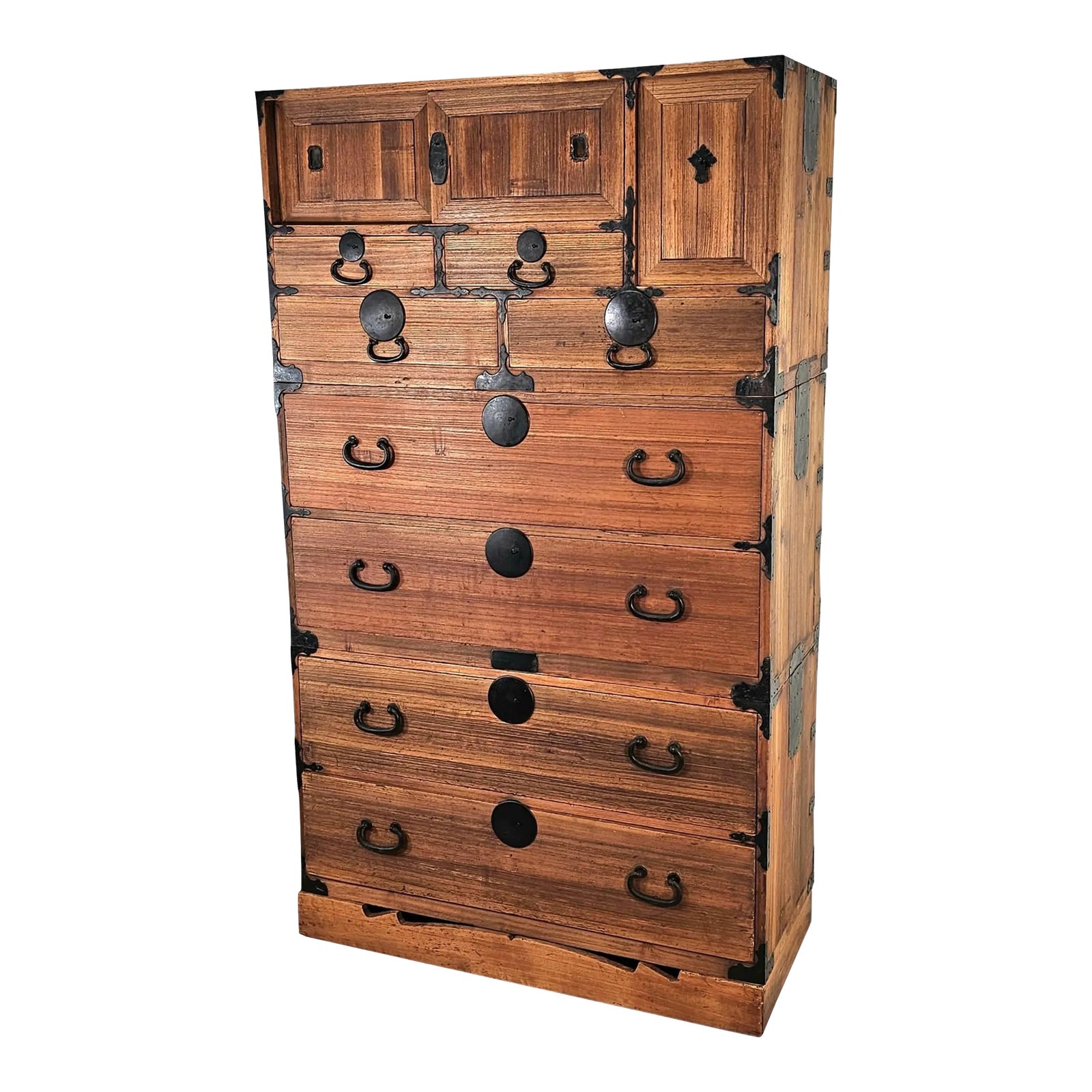 Japanese 3- Part Tansu Chests Keyaki Sliding Panel Drawers | Chairish