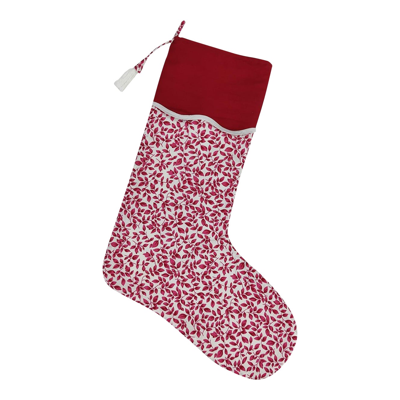 Handmade Holiday Foliage Block Print Christmas Stocking with Red Piping ...