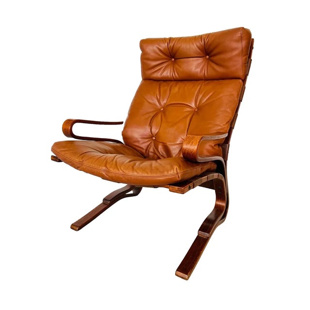 Vintage Scandinavian Cognac Lounge Chair and Foot Stool by Oddvin ...