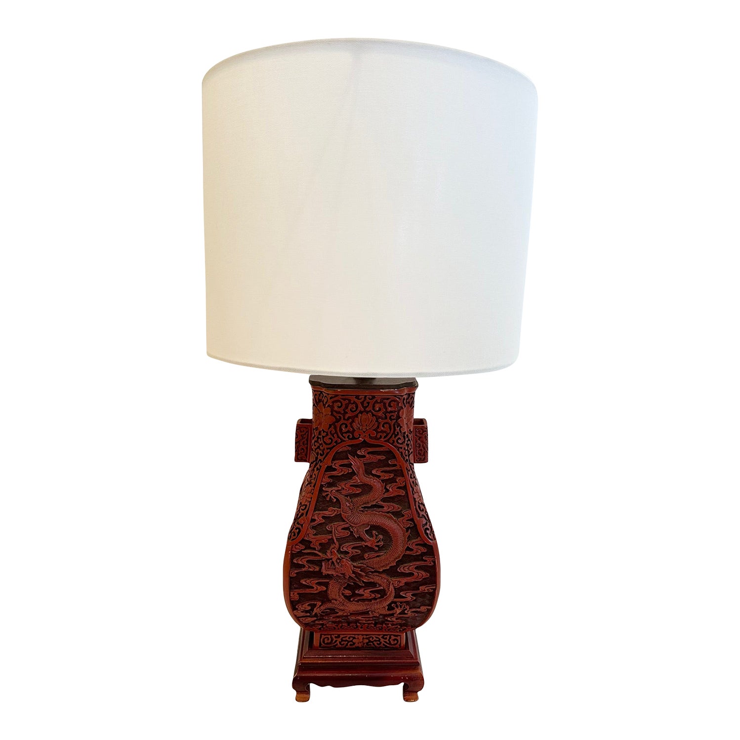 Cinnabar Red Chinese Carved Wood Table Lamp | Chairish