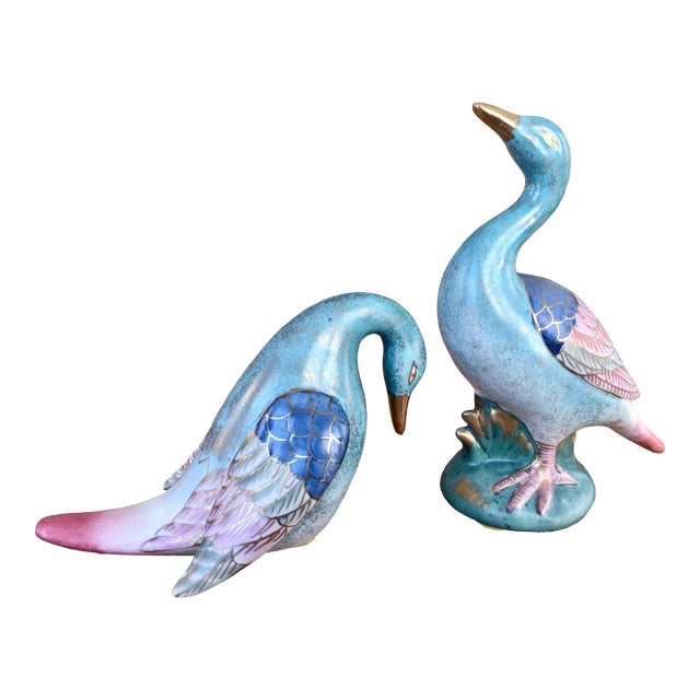Pair of 1980s Ethan Allen Home Collection Teal Ceramic Birds | Chairish