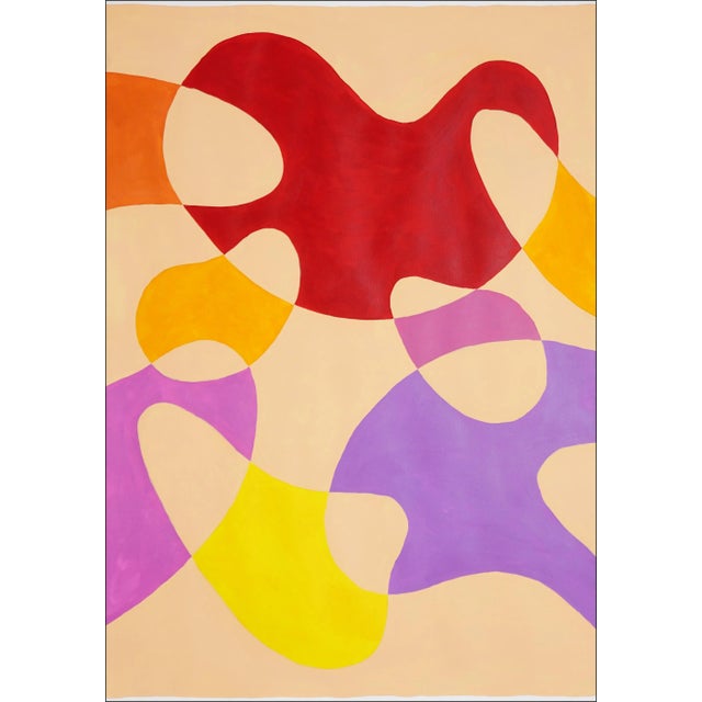 2024, Abstract Mid Century Shapes Triptych of Coral Curves, Acrylic Painting on Watercolor Paper ...