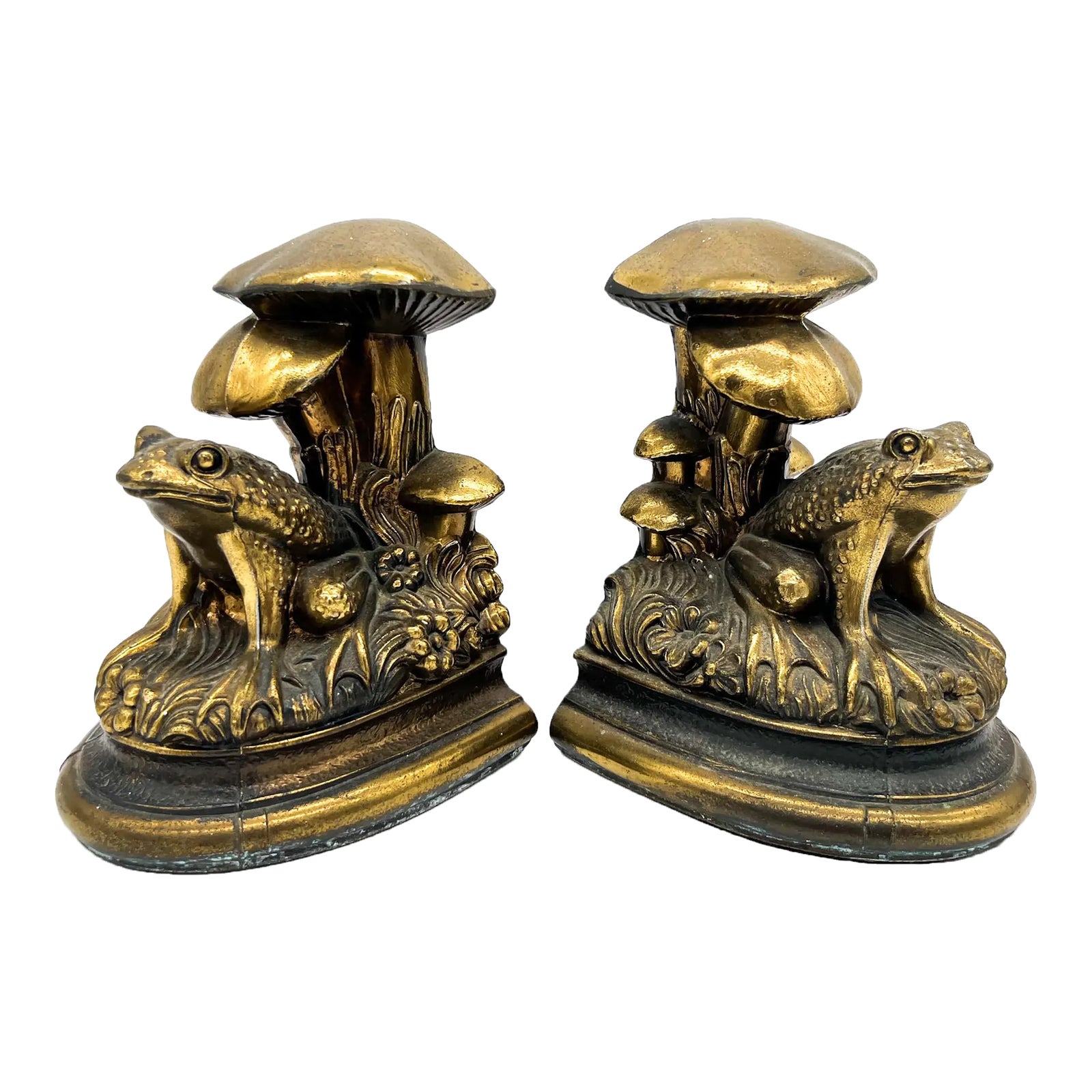 Pair of Bronze Toned Toad & Mushroom Bookends – Whimsical 20th Century ...