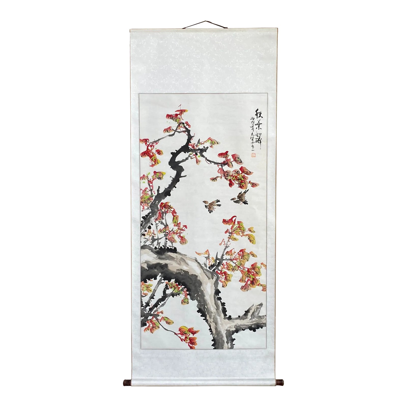 Chinese Color Ink Autumn Burn Brown Leaves Scroll Painting Wall Art ...