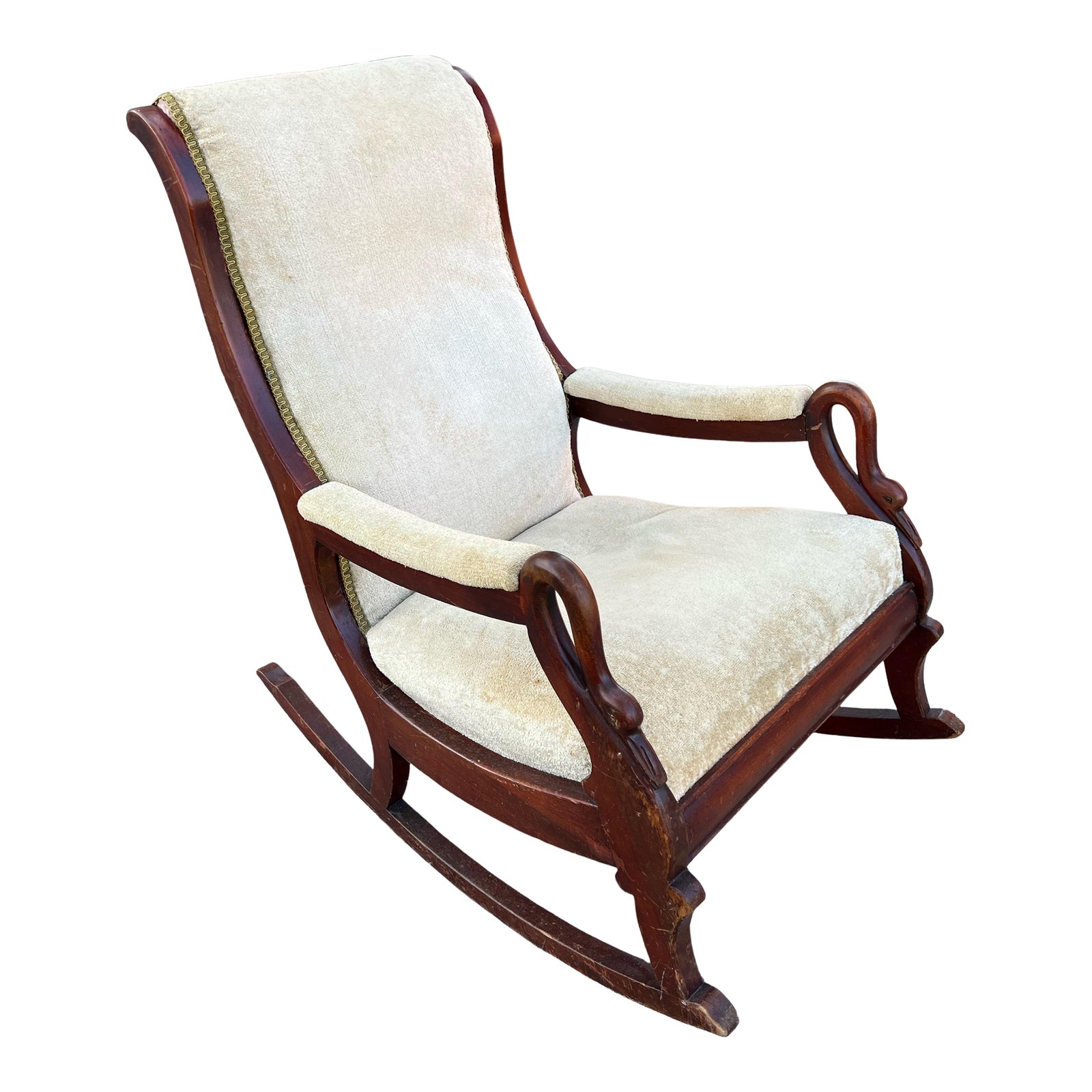 1950s Cherry Wood Rocking Chair Featuring Carved Swan Arms | Chairish