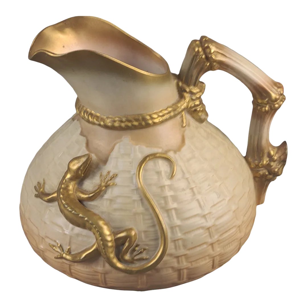 Antique Royal Worcester Porcelain Pitcher Applied Gilded Lizard ...