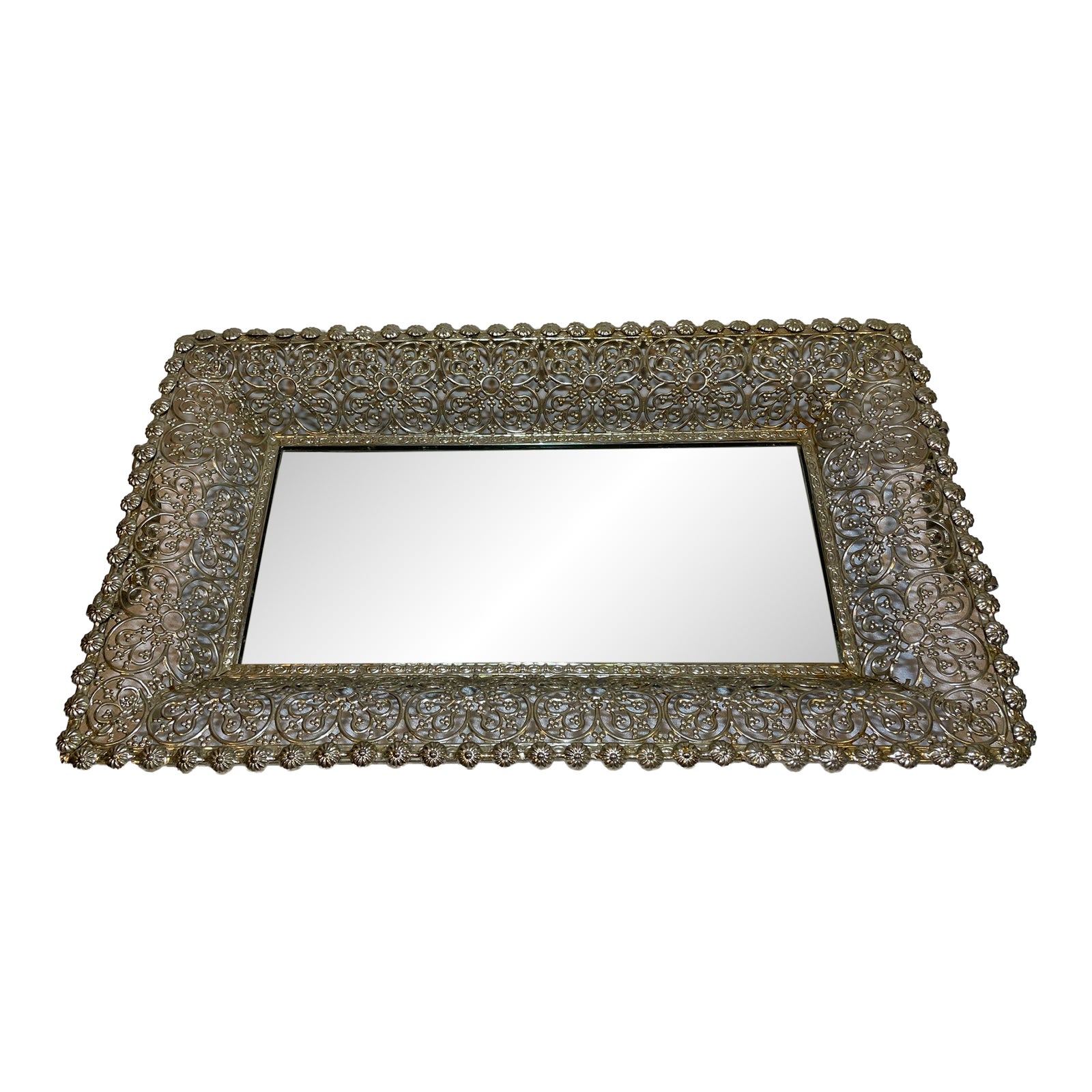 Mid 20th Century Large Hollywood Regency Silver Filigree Mirrored ...