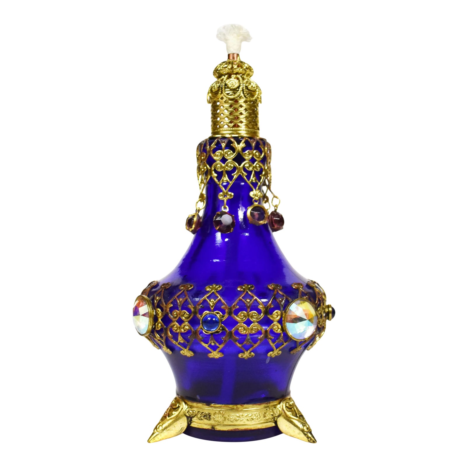 Vintage Mid 20th Century Bombay Brass Cobalt Blue Glass Oil Lamp | Chairish