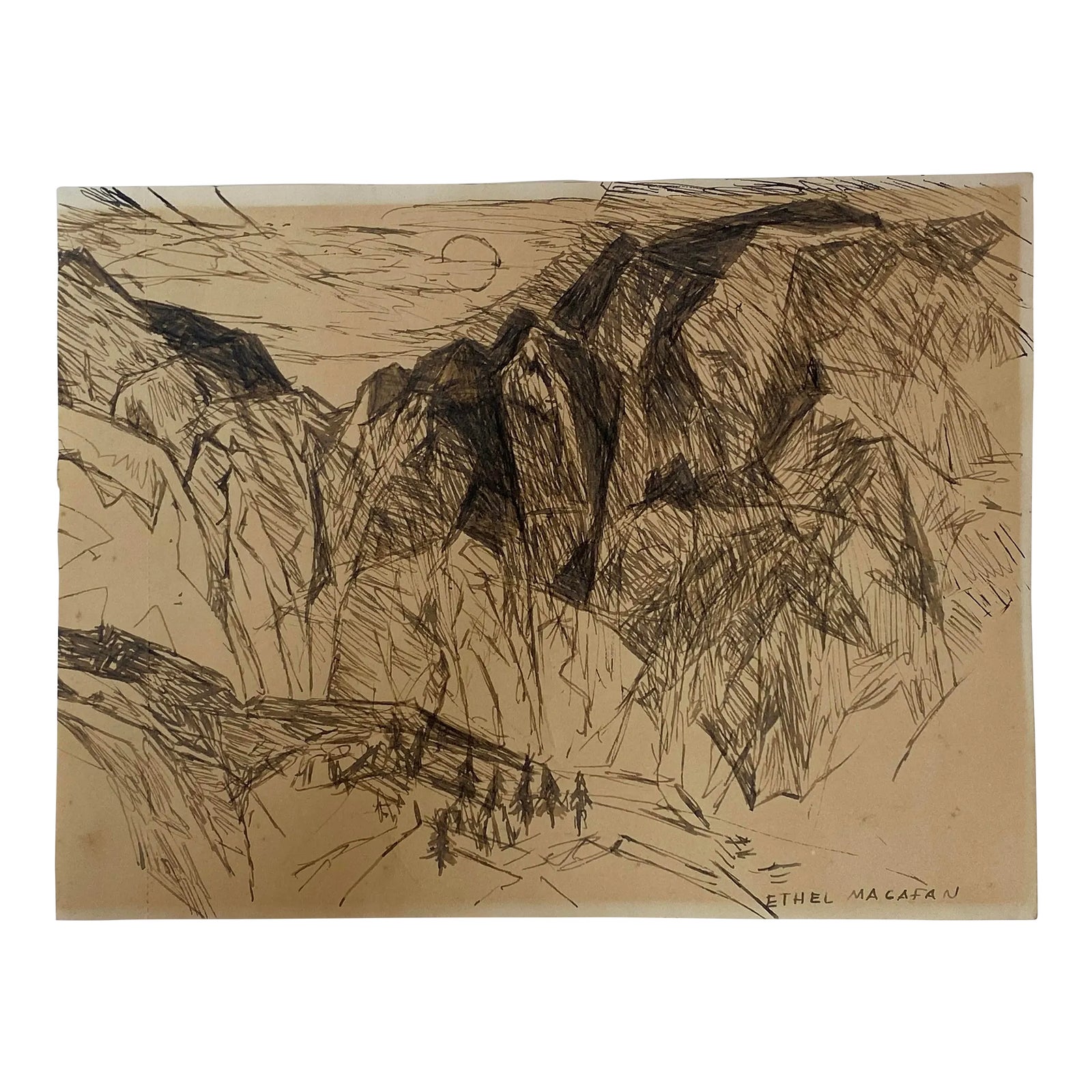 Ethel Magafan " Evening Moon" Pen and Ink Drawing | Chairish