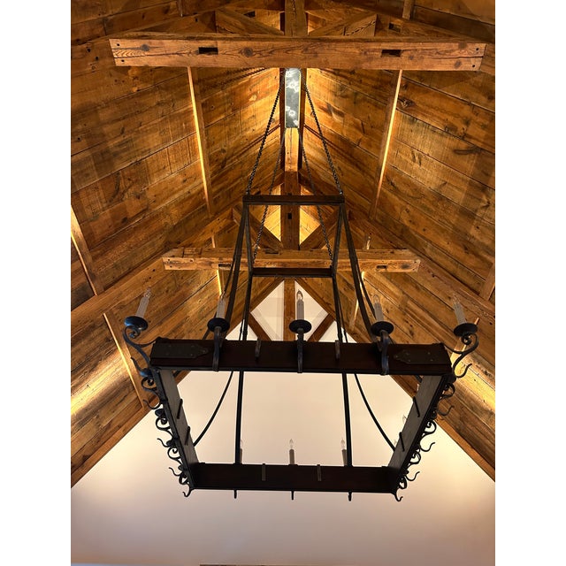 Custom 2000s Iron and Wood Pot Rack Chandelier | Chairish