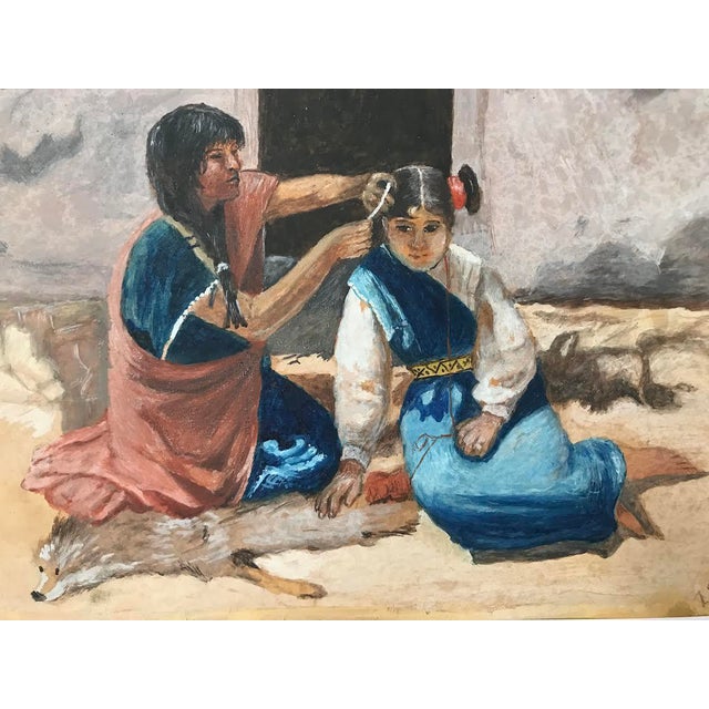 Antique Original Painting Indian Woman Braiding Girls Hair by Lilla ...