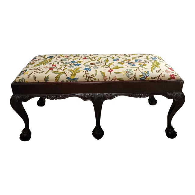 20th C Chippendale Mahogany Bench With Crewel Embroidery and Claw Feet ...