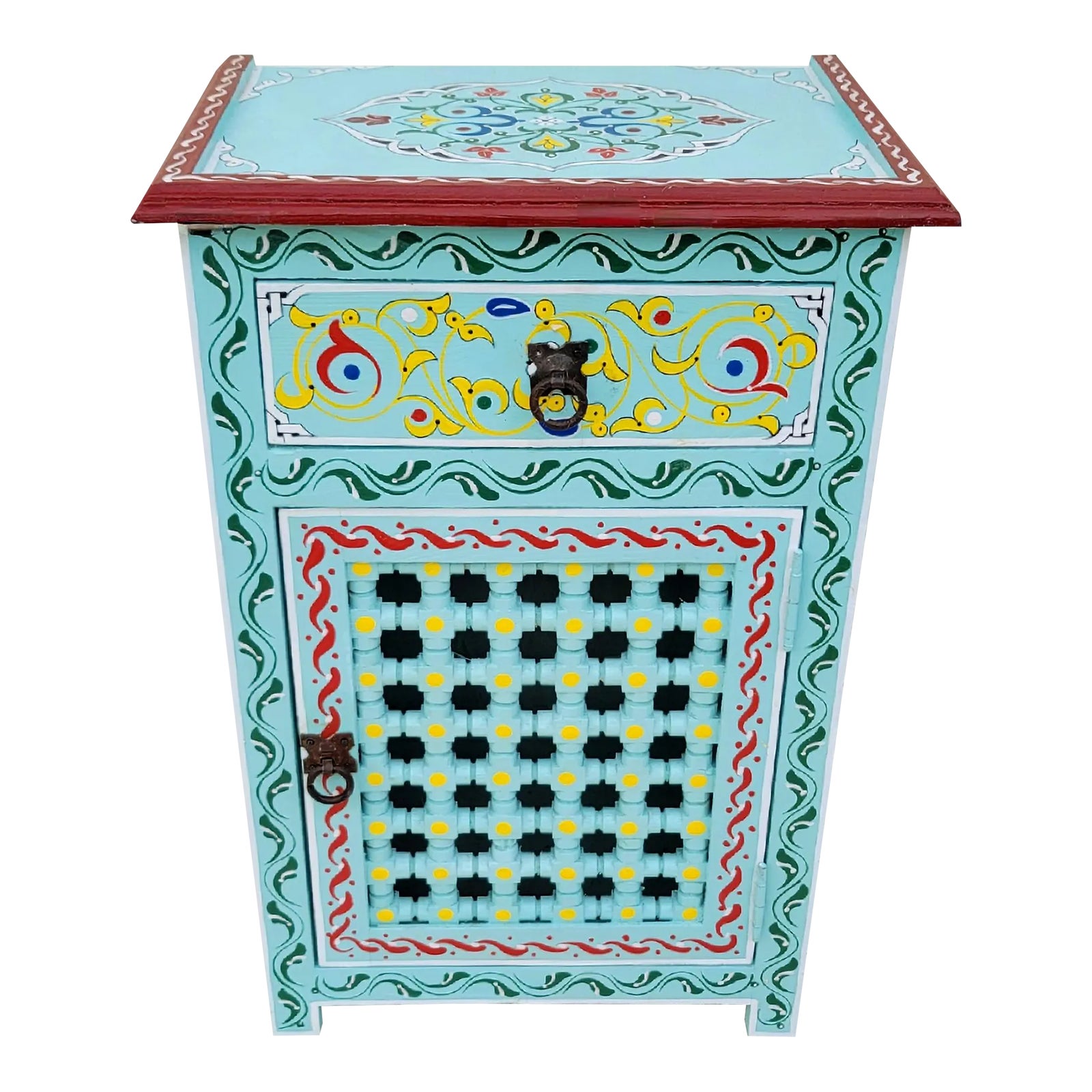 Moroccan Hand-Painted Wooden Nightstand, Musharabi Aqua | Chairish