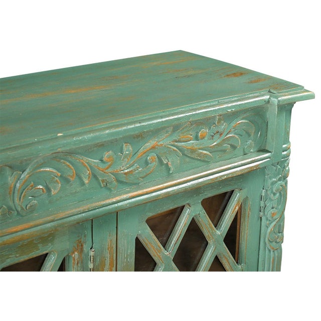 Farmhouse Style Distressed Blue Carved Sideboard With Glass Doors ...