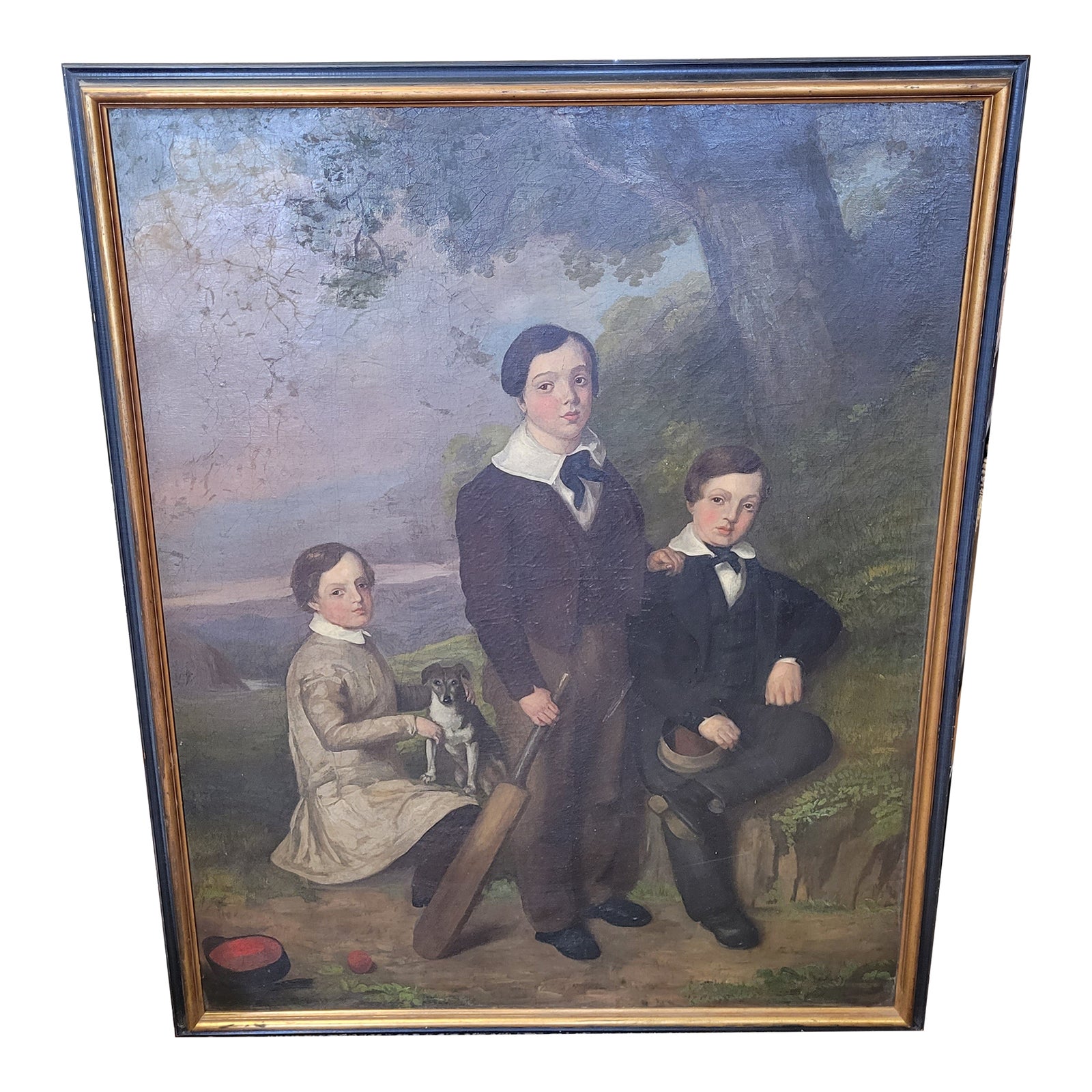 Large Antique Painting of Three Aristocratic Children | Chairish
