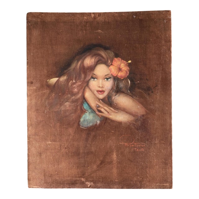1940s Portrait of a Polynesian Woman Oil Painting on Velvet by Roger ...
