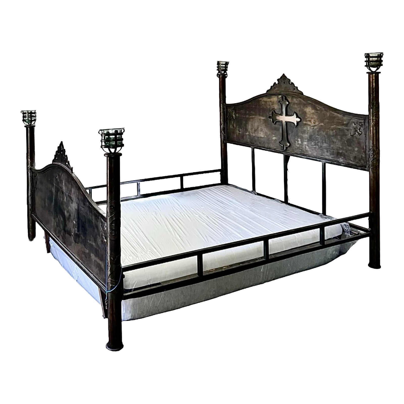 Custom Gothic Wrought Iron King Bed Frame With Illuminated Cross | Chairish