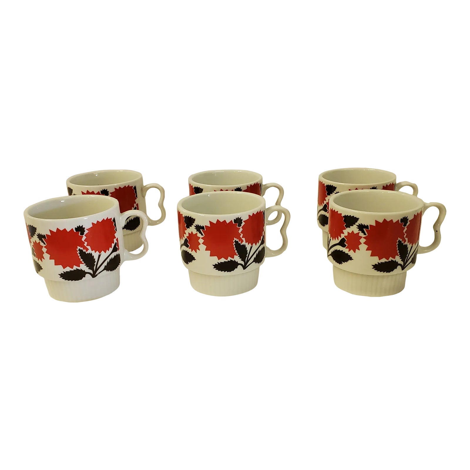 Mid-Century Red Poppy Coffee Mugs- Set of 6 | Chairish