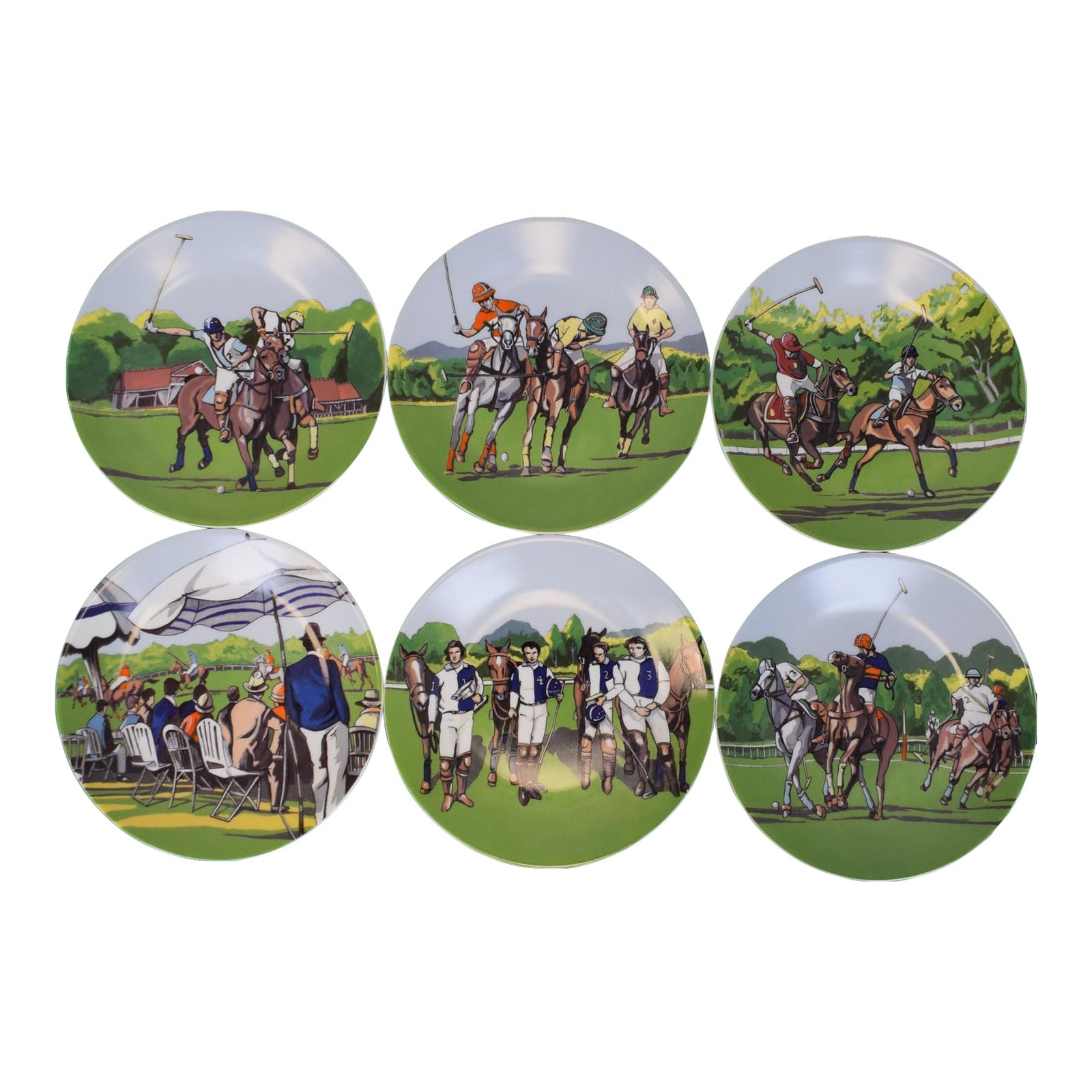 Set X 6 French Limoges 6"d Plates W/ Polo Match Scenes | Chairish