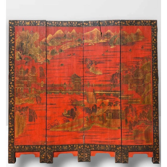 Chinese Red & Gold Painted Lacquer 4 Panel Screen With Black & Gold ...