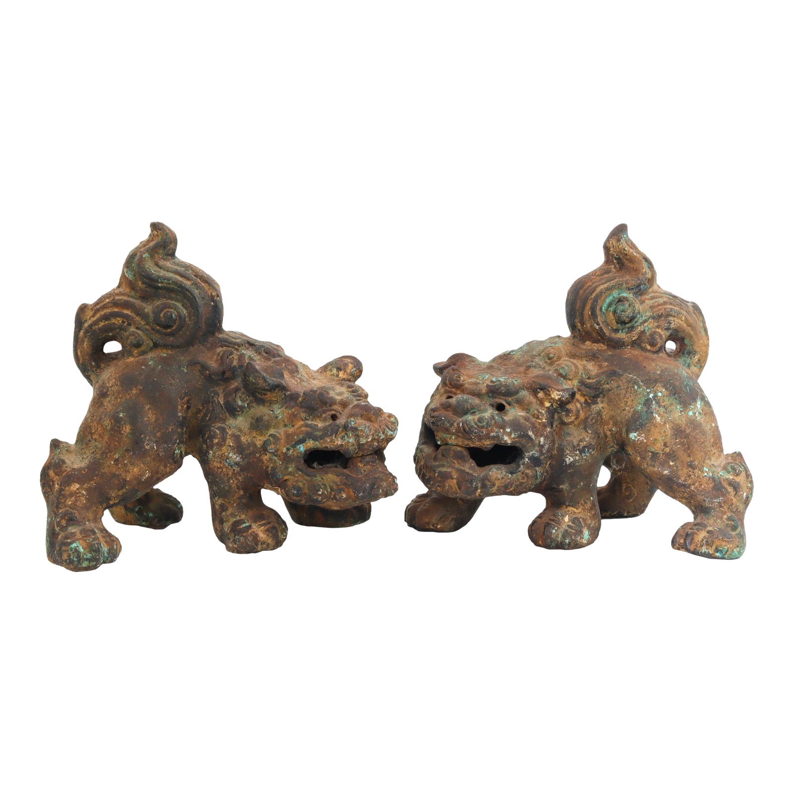 Early 20th Century Heavy Rustic Cast Iron Foo Dogs - Set of 2 | Chairish