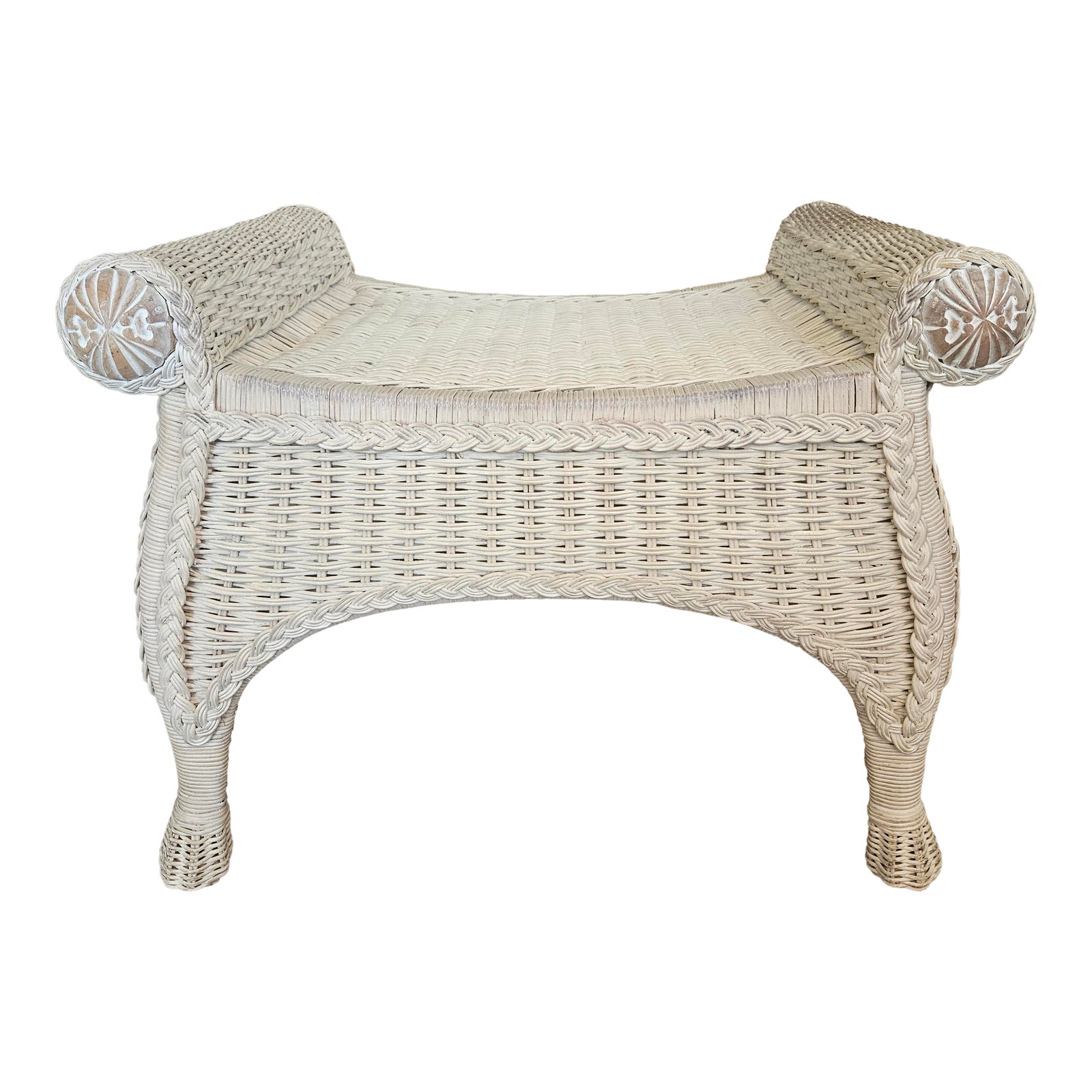 Scrolled Arm Wicker Ratan Vanity Bench | Chairish
