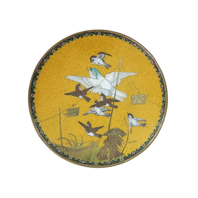 Antique Japanese Cloisonne Yellow Enamel With Flying Sparrows Plate ...