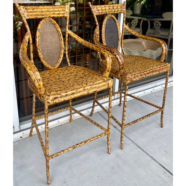 Faux Tortoise Finish Set of 2 Colonial Style Bamboo & Rattan Counter ...