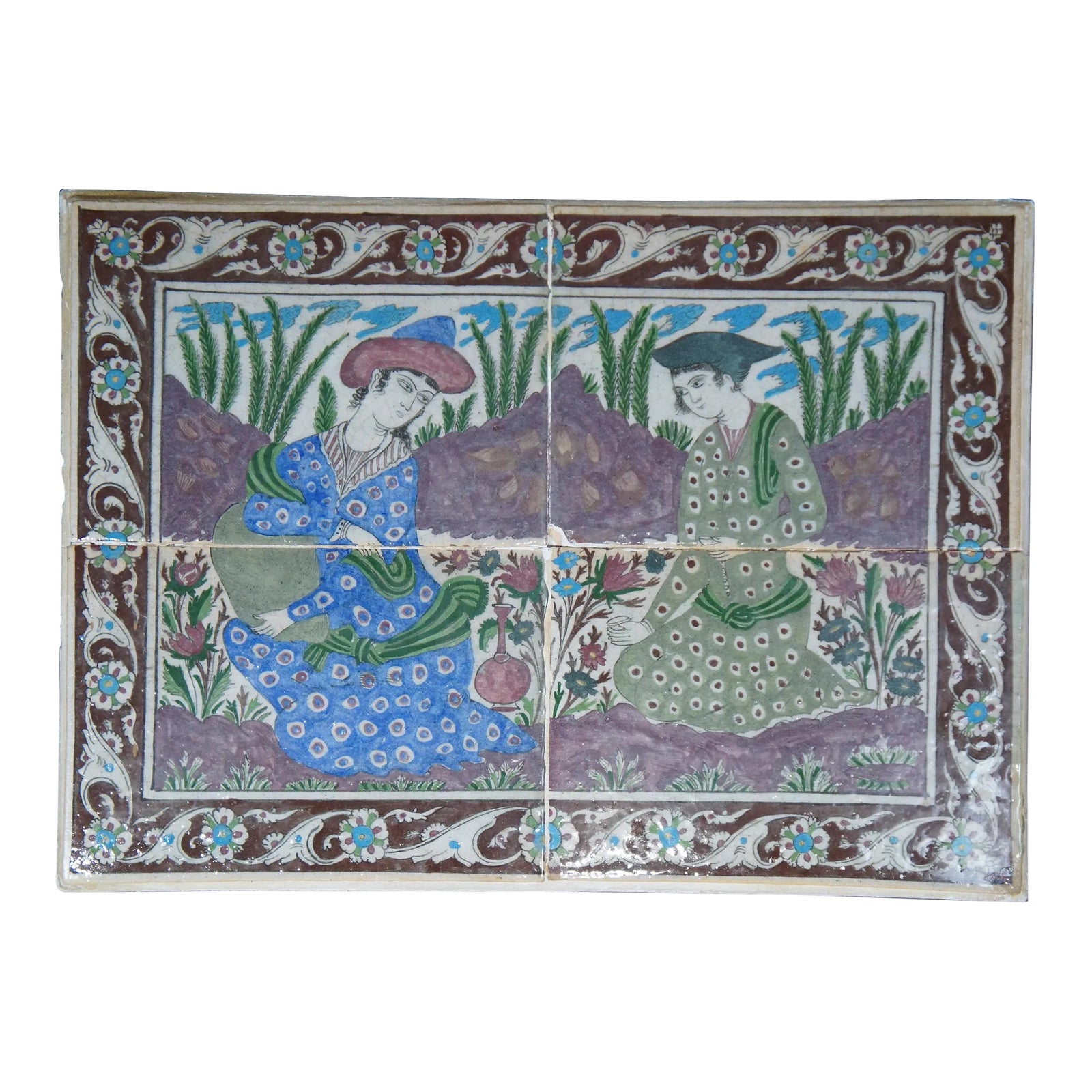 Antique Persian Qajar Dynasty Ceramic Polychrome Framed Mosaic Tile ...
