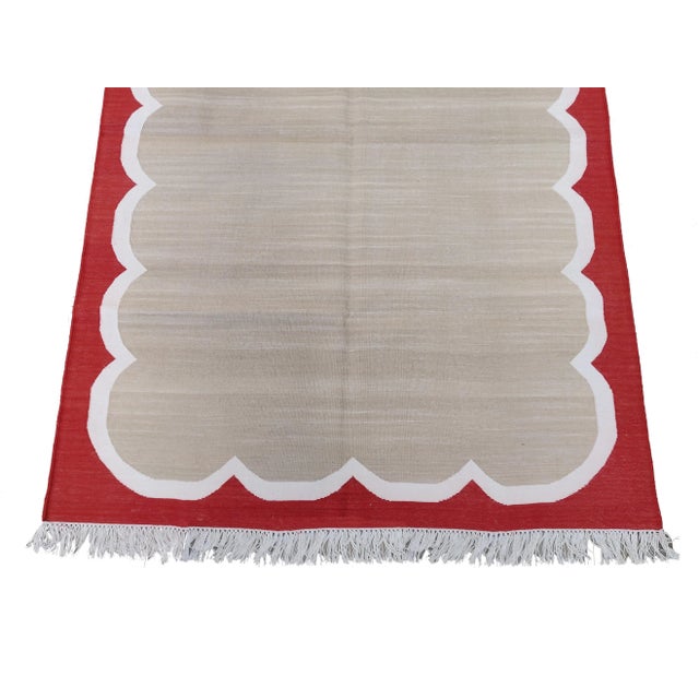 Cotton Handwoven Beige and Red Border Scalloped Rug 6x9 | Chairish