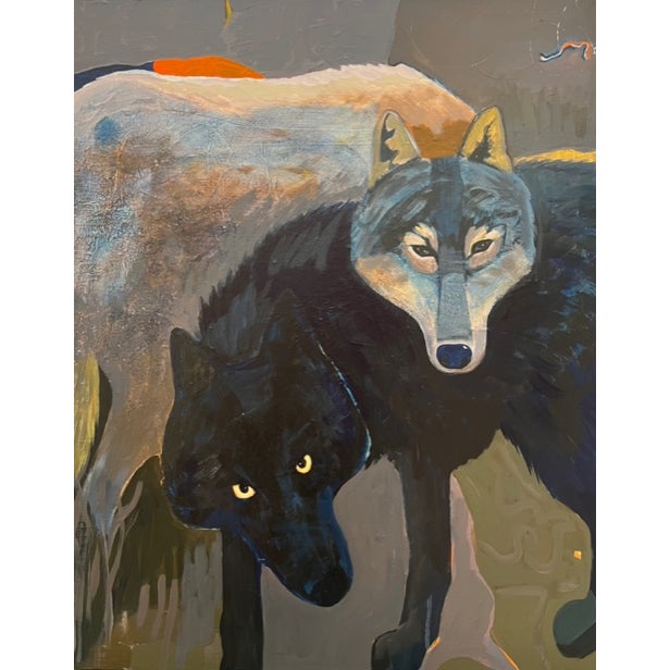 "Yin Yang" Two Wolves Painting by LWren Walraven | Chairish