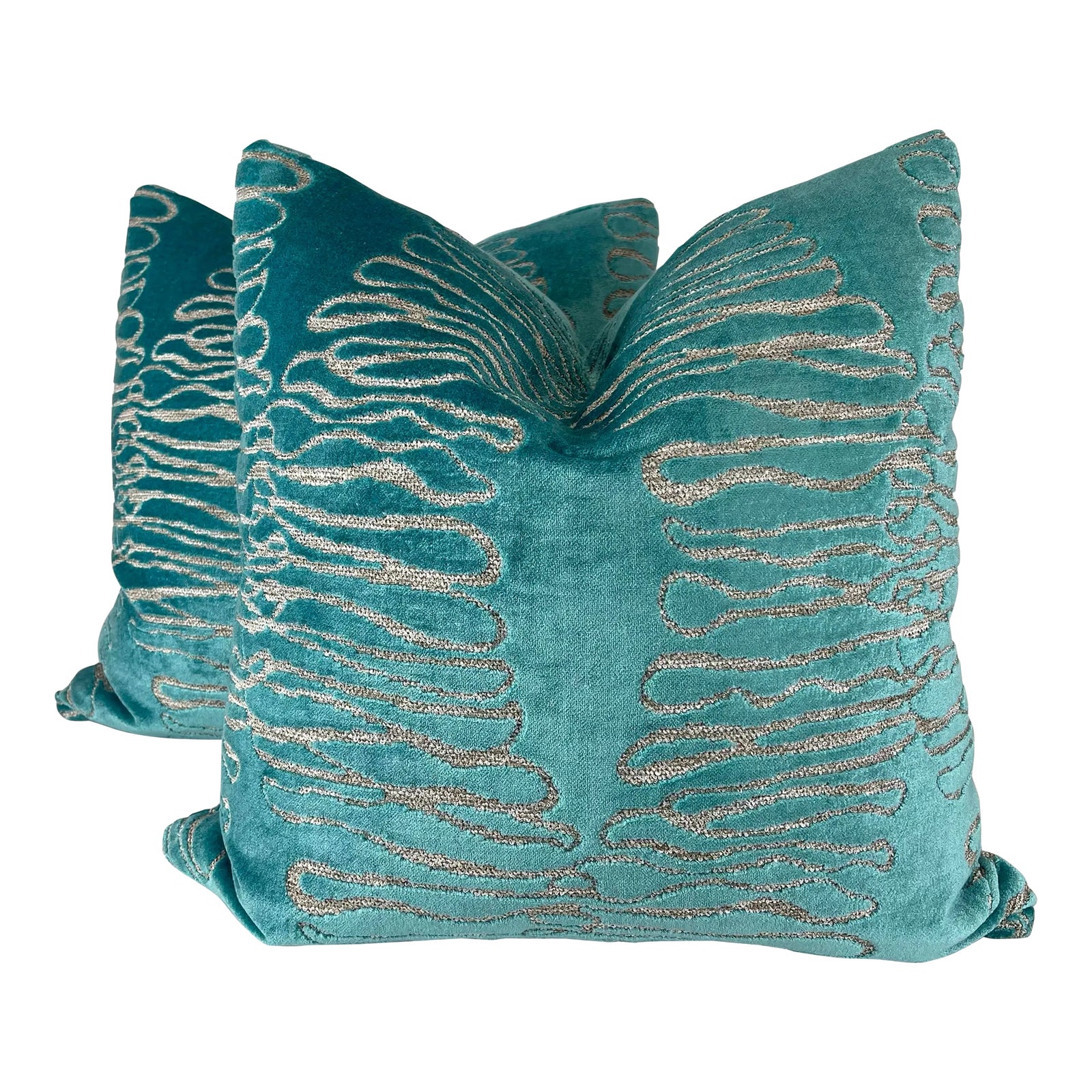 Turquoise Cut Velvet 22" Pillows-A Pair | Chairish